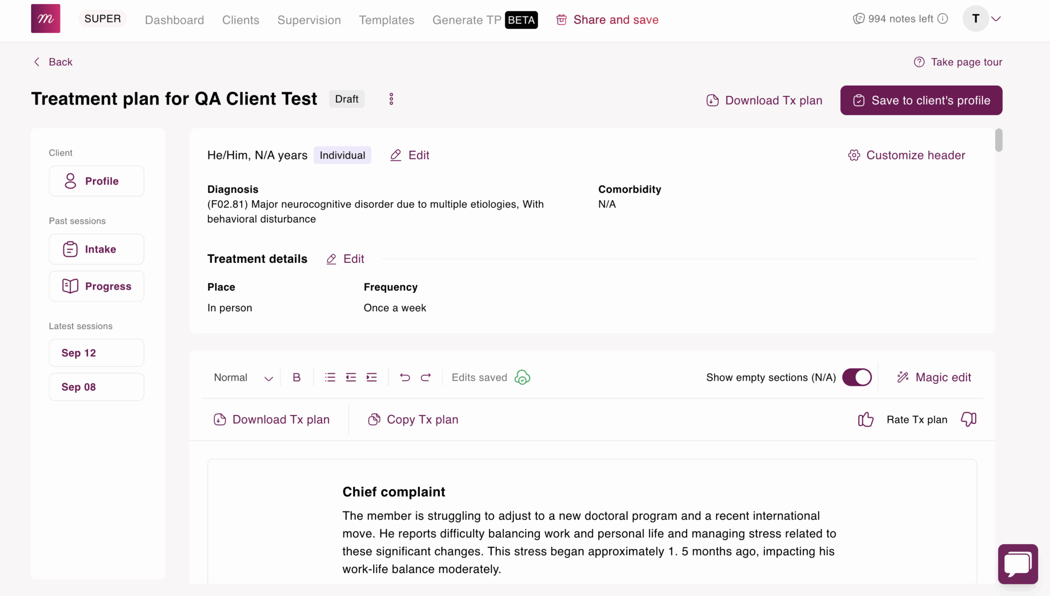 TX Plan for Therapists | Mentalyc AI Note Assistant